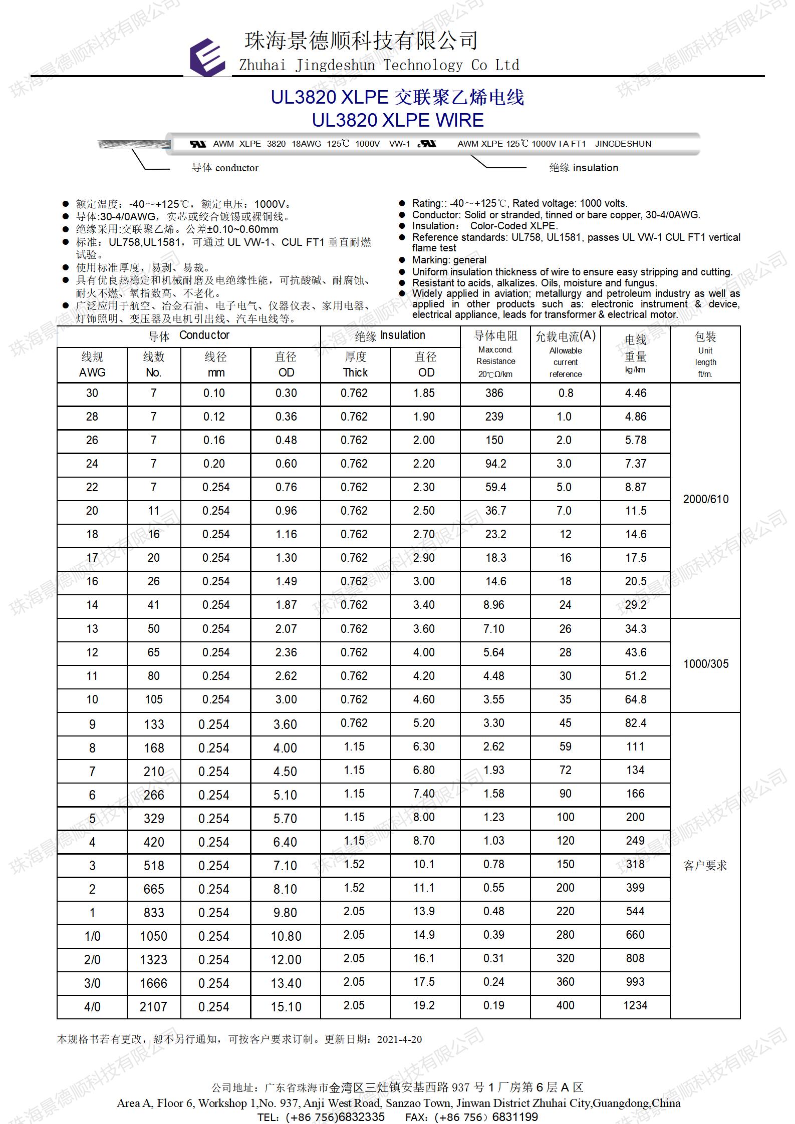 UL3820 XLPE交联聚乙烯电线 - 交联聚乙烯电线 - 产品中心 - 珠海景德顺科技有限公司